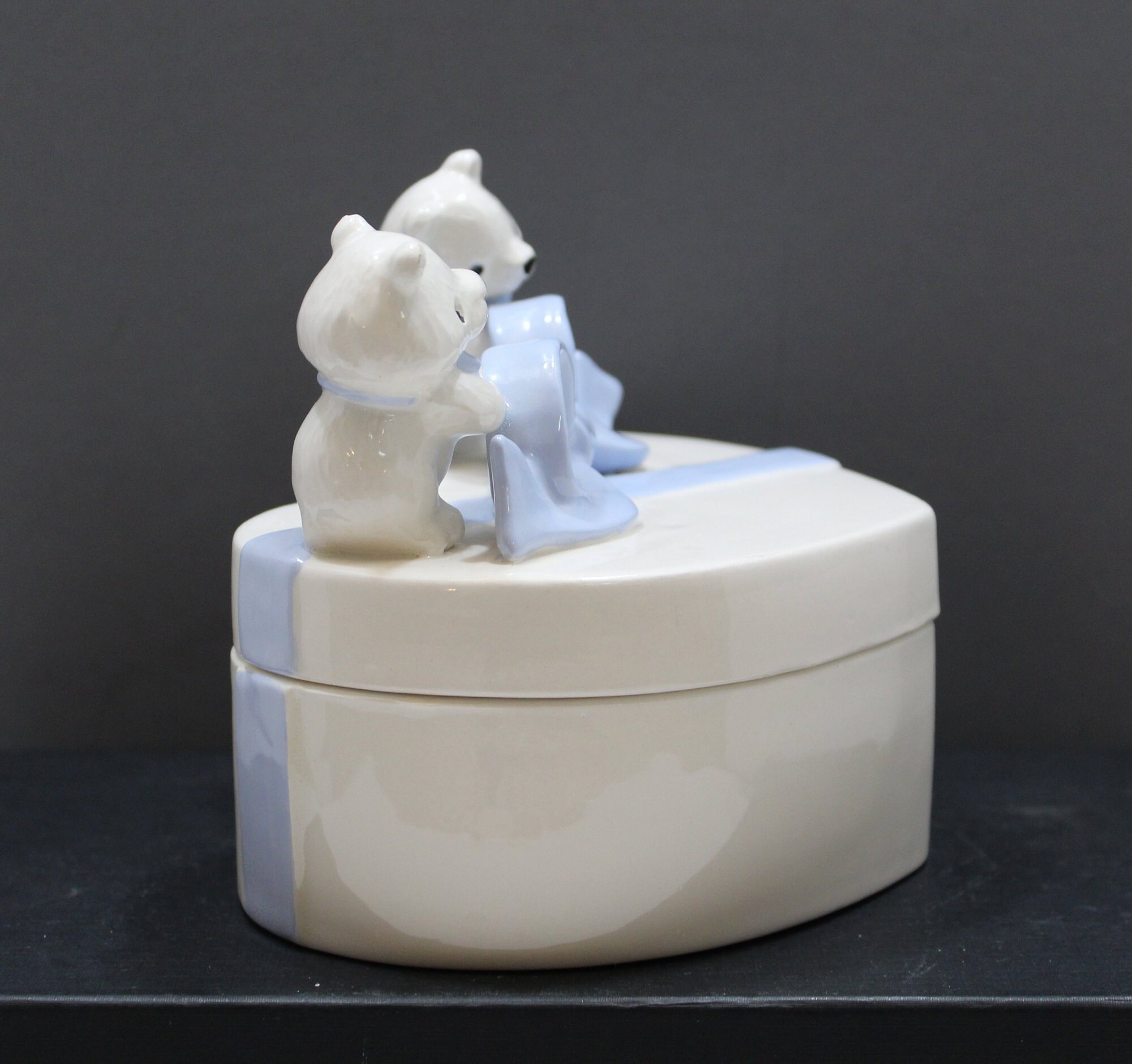 Heart Shaped Lidded White Ceramic Trinket Jewelry Box Pale Blue Ribbon ...