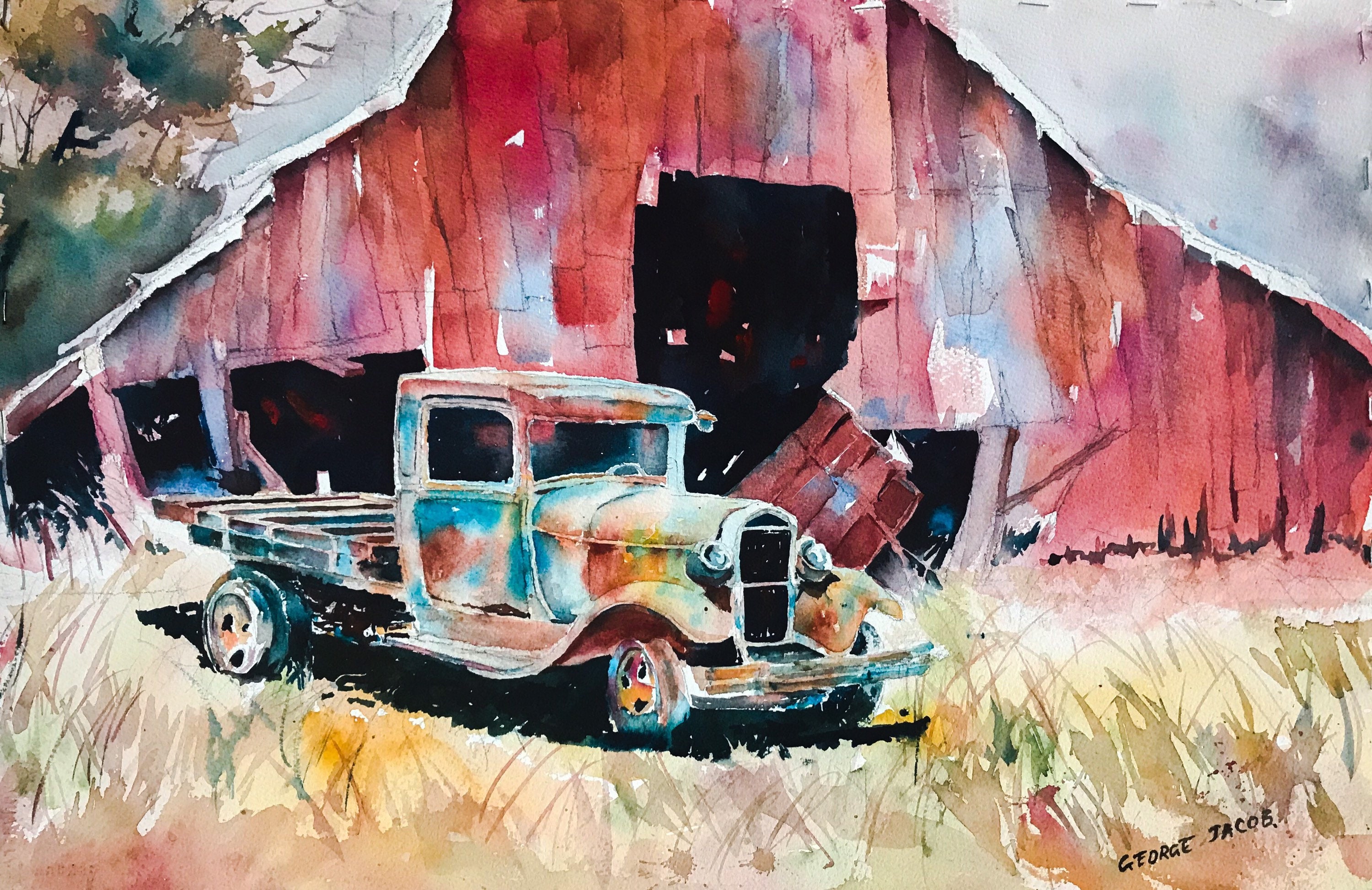 Vintage Vehicles Art/ Watercolor Trucks/farm Paintings/ Barn and Trucks ...