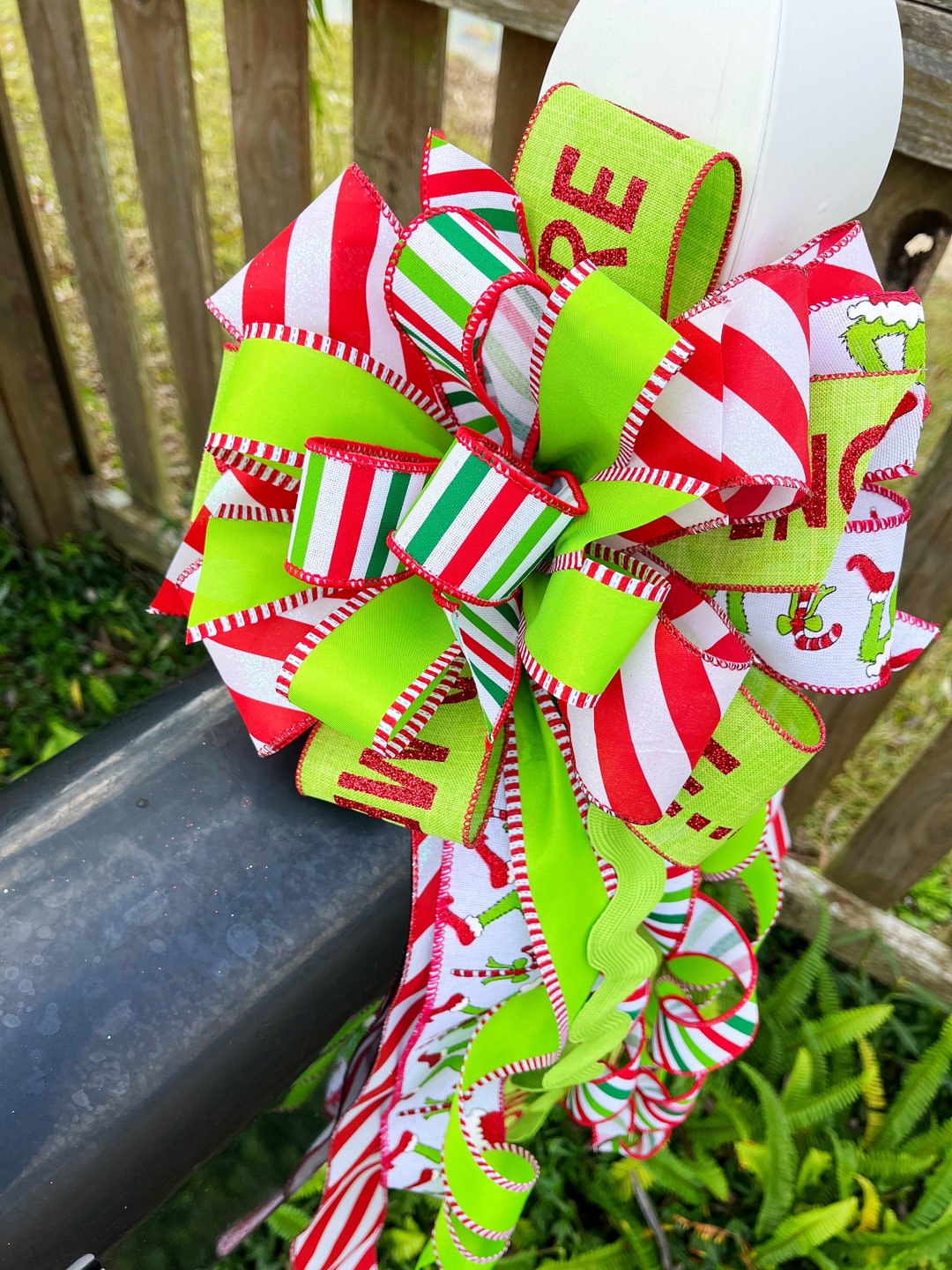 Grinch Bow Handmade Bow in Red and Green Wired Ribbons Featuring the ...