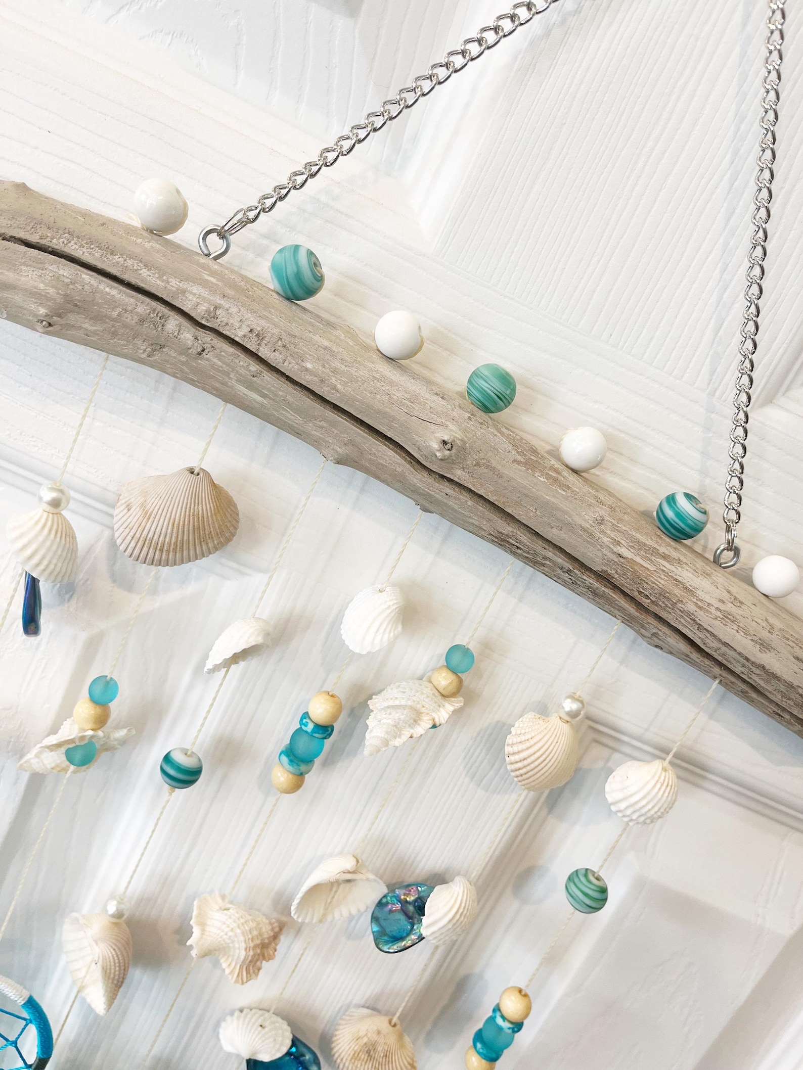 Seashell Wind Chime: Nautical Dream Catcher, Teal Glass Beads - Etsy