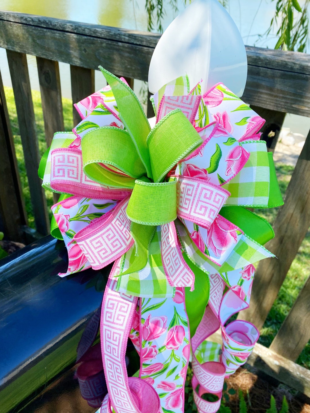 Spring Bow in Pink & Green Featuring Tulip Ribbon. Perfect for Mailbox ...