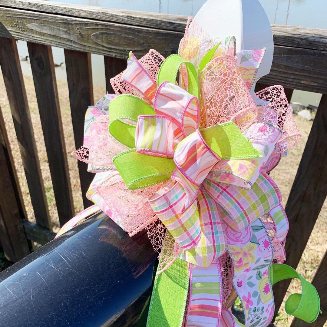 Handmade Spring Bow: Peach, Green, Pink Floral Ribbon - Etsy