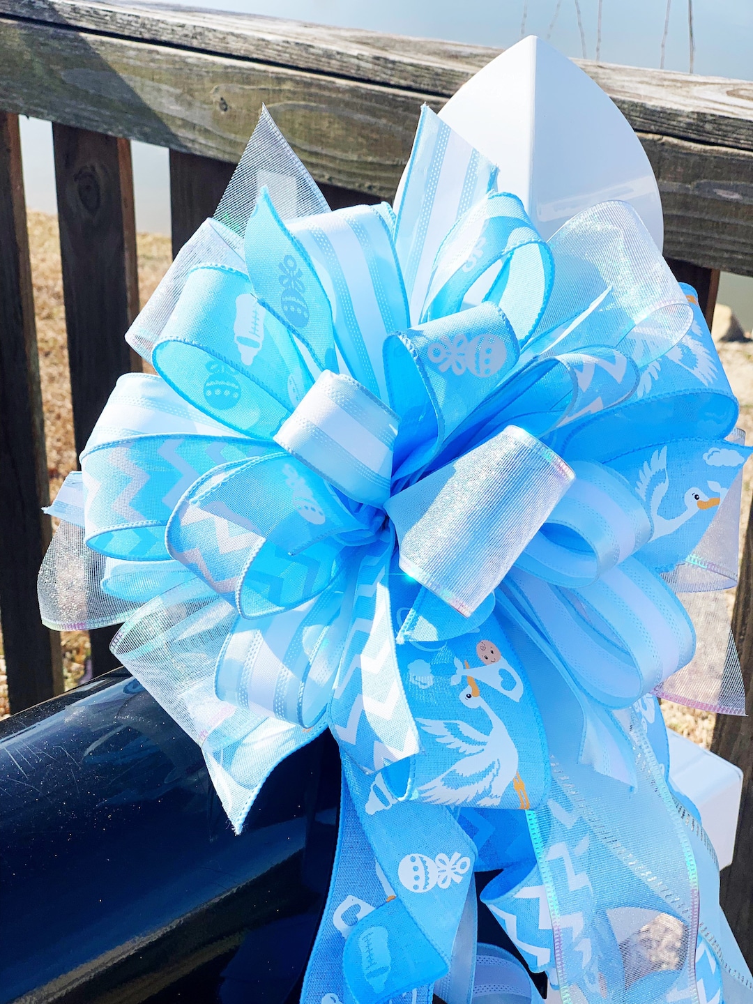 Baby Boy Bow in Light Blue and White, Featuring Stork and Baby Rattle ...