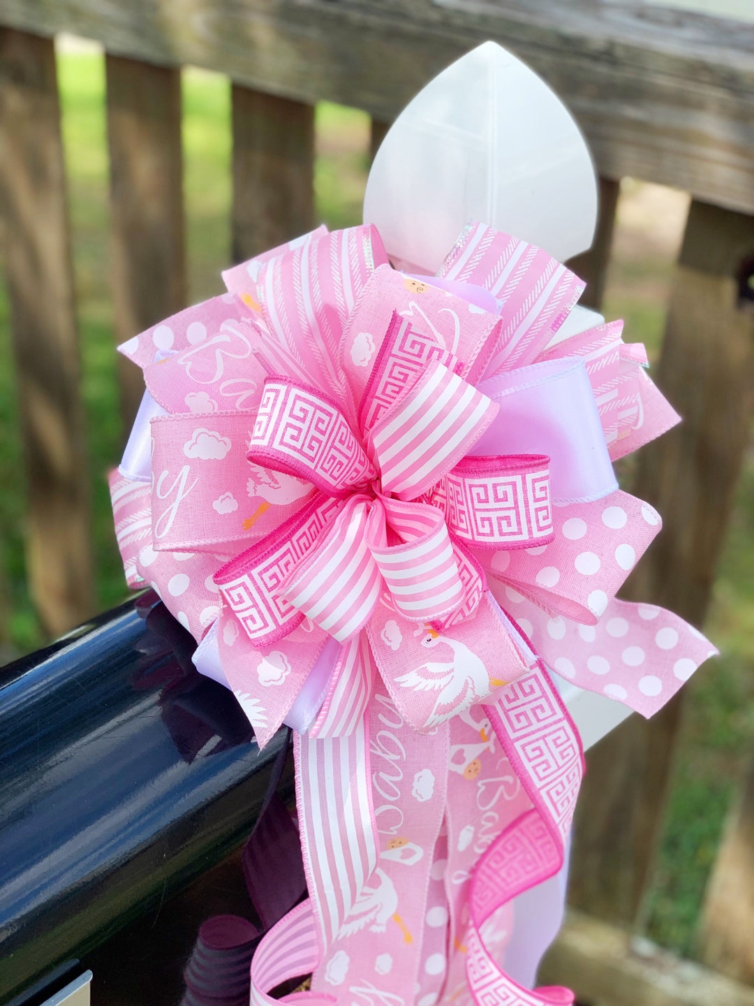 Baby Girl Bow in Pink and White, Featuring Polka Dots and Stork ...