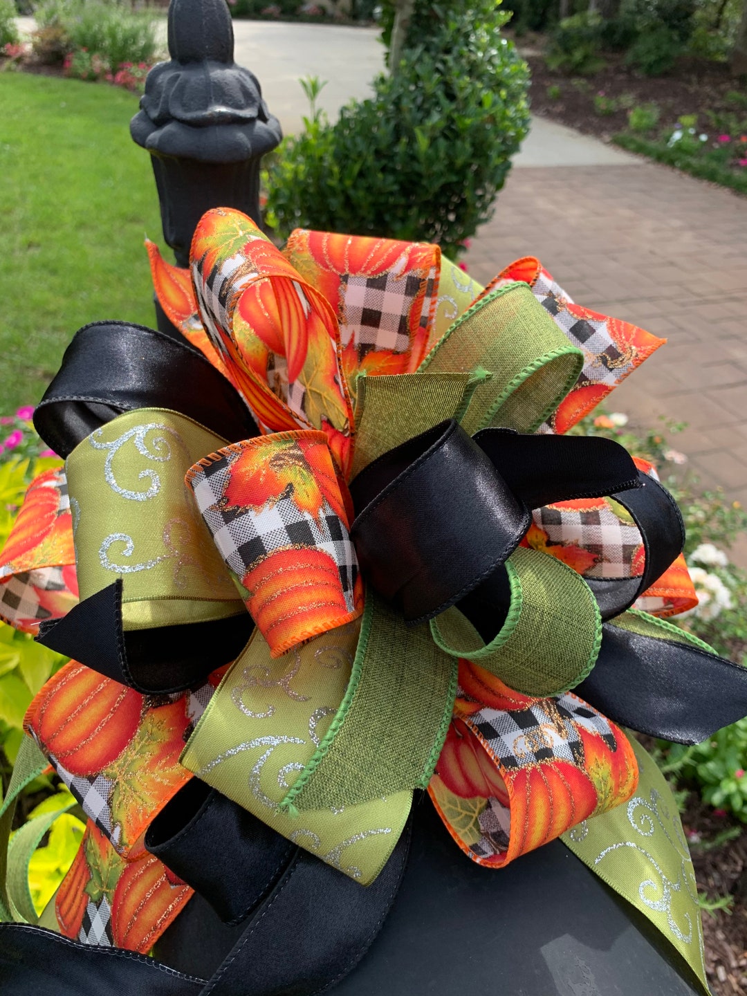 Pumpkin & Black Check Fall Bow: Mailbox or Wreath Decor - Etsy