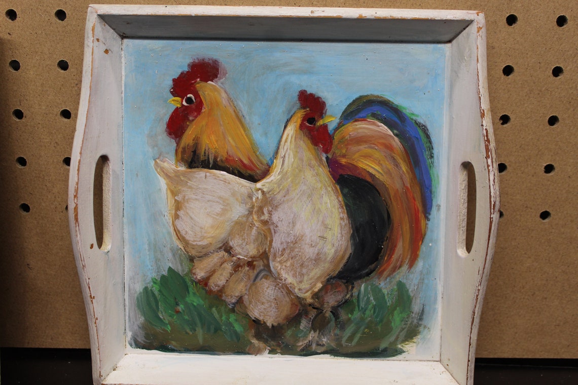 Rooster Wooden Trays Painted Rooster and Hen Farmhouse - Etsy