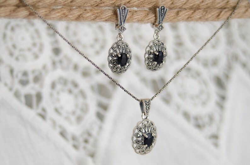 Sterling Silver Earrings and Necklace Set With Sapphire Gem - Etsy