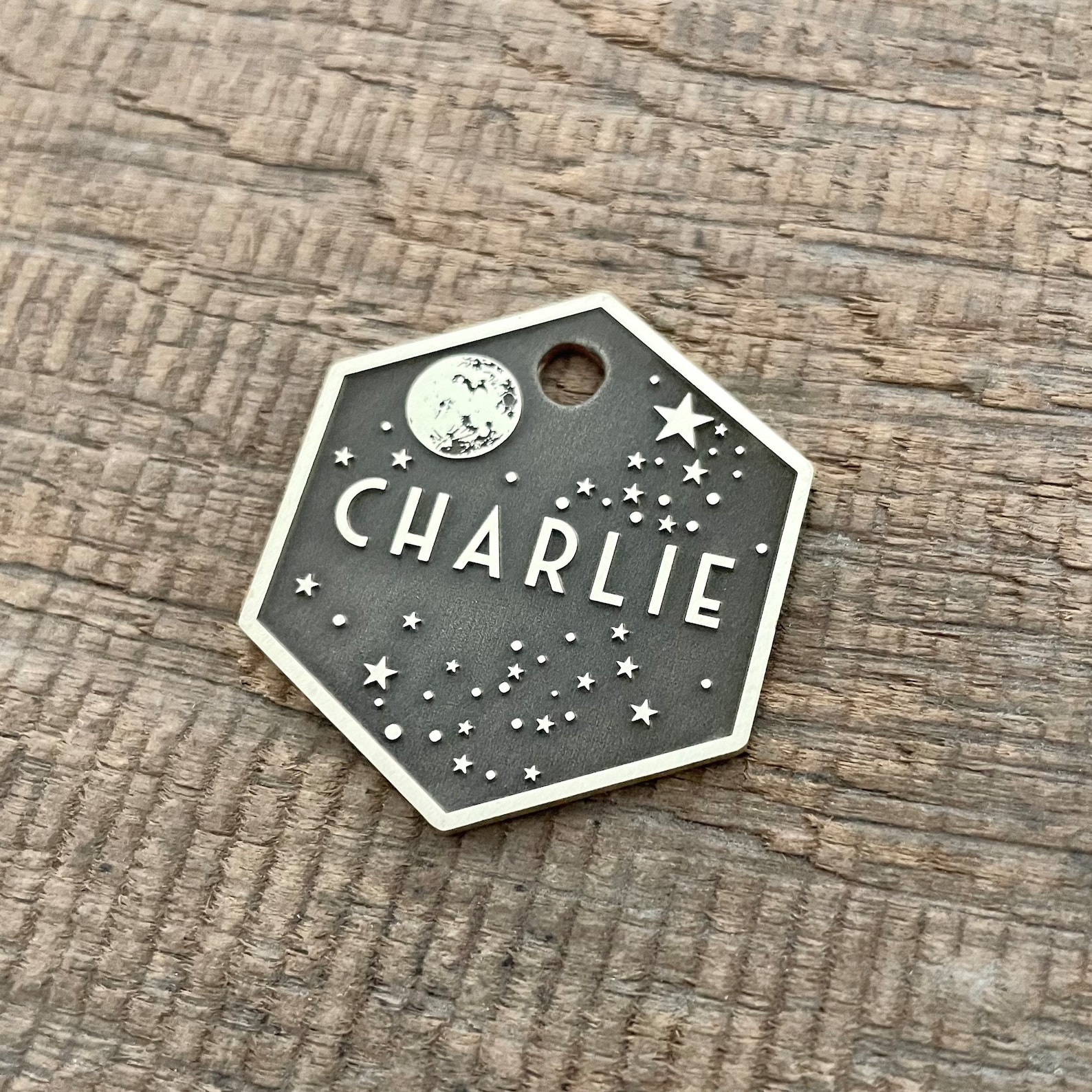 Space Dog Tag Hexagon Pet ID Tag Personalized Brass Dog Tag - Etsy