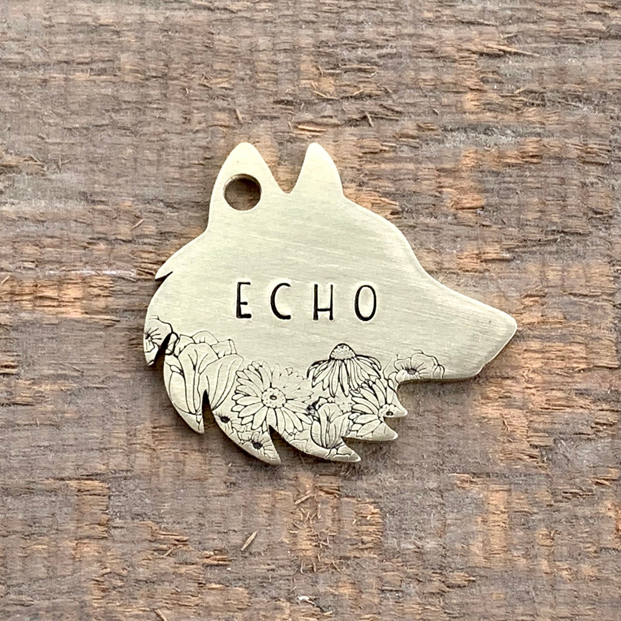 Wolf Head Floral Dog Tag Pet ID Tag Personalized Brass Dog | Etsy