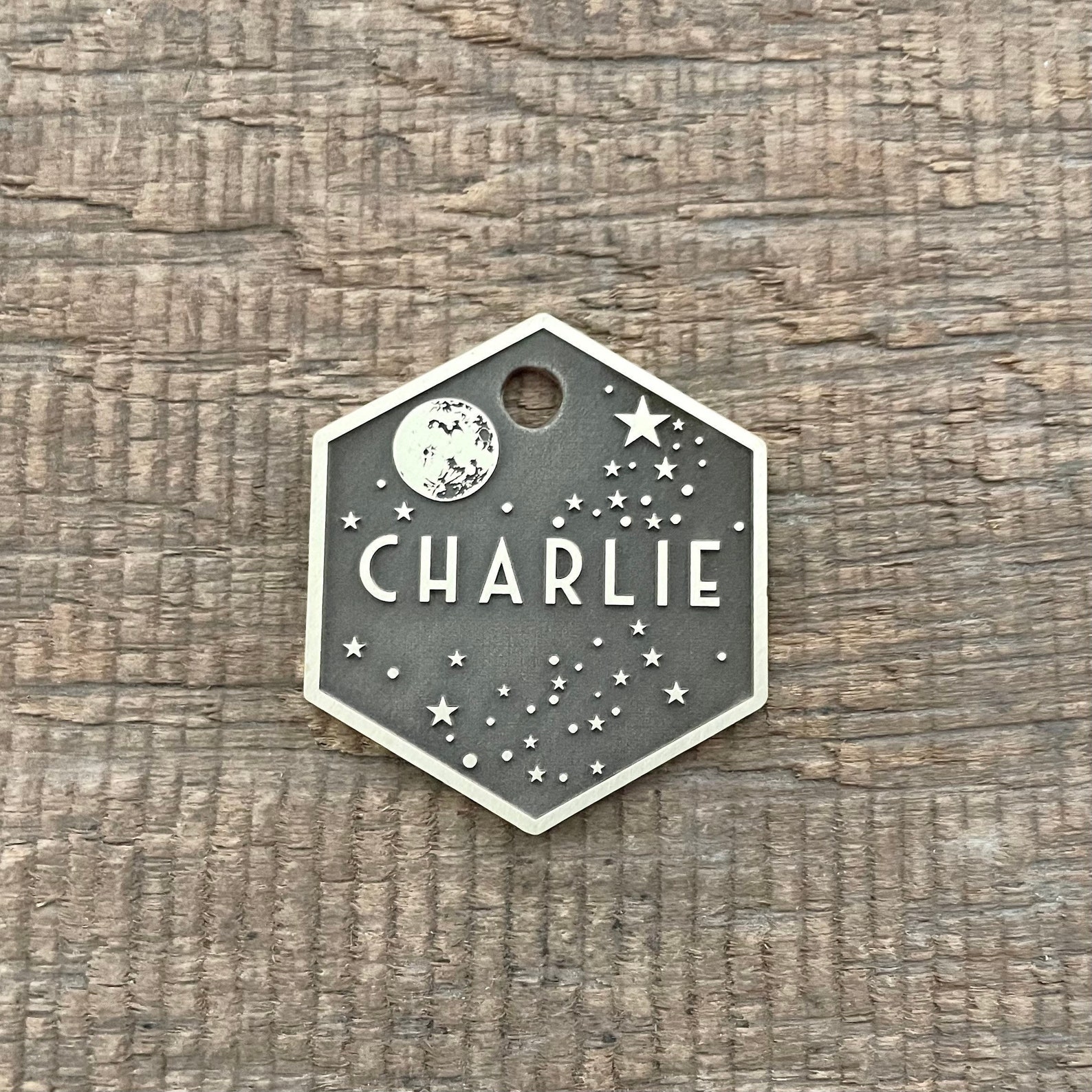 Space Dog Tag Hexagon Pet ID Tag Personalized Brass Dog Tag - Etsy