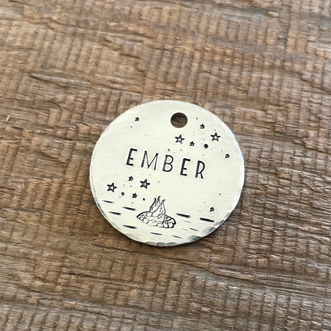 Camping Pet ID Tag, Hand Stamped, Personalised, Fire, Ember, Moon ...