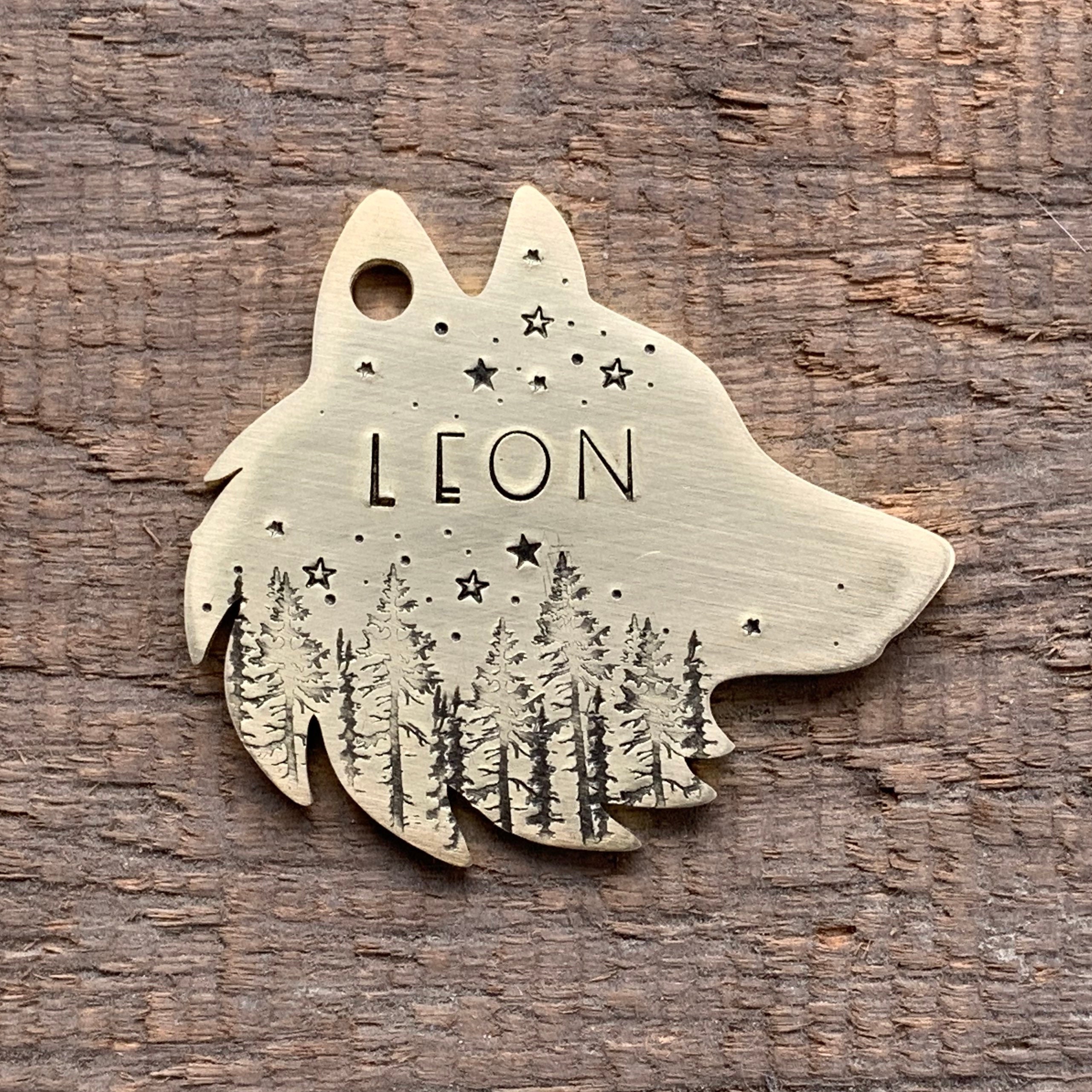 Wolf Head Space Dog Tag Pet ID Tag Personalized Brass Dog | Etsy