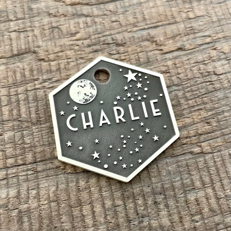 Space Dog Tag Hexagon Pet ID Tag Personalized Brass Dog Tag - Etsy