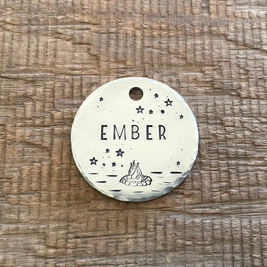 Camping Pet ID Tag, Hand Stamped, Personalised, Fire, Ember, Moon ...