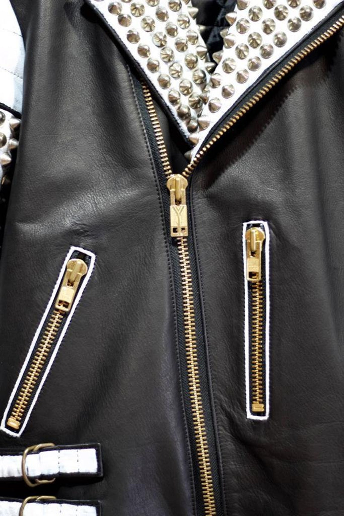 Men Black and White Leather Jacket With Studs Two Tone - Etsy