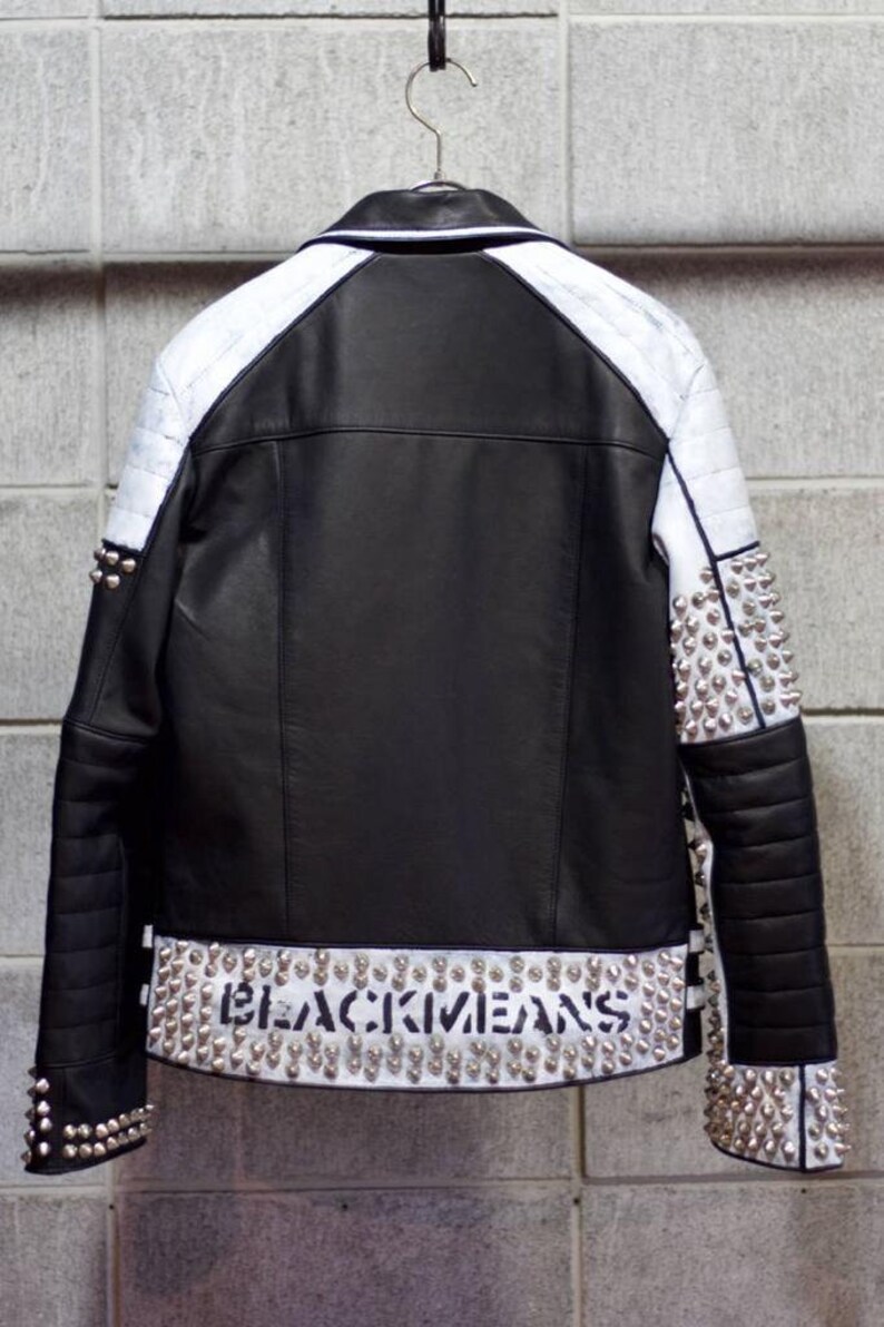 Men Black and White Leather Jacket With Studs Two Tone - Etsy
