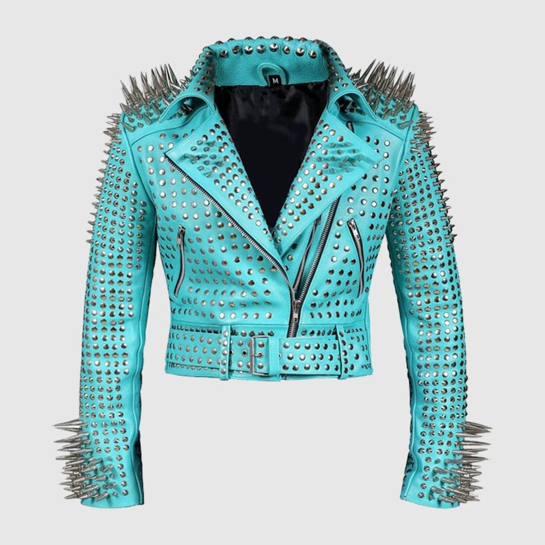 Men Punk Sexy Fashion Blue Leather Jacket With Long Spikes and - Etsy