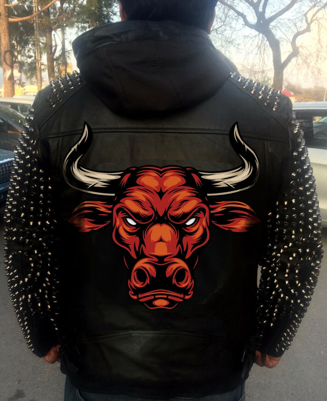 Men Black Leather Studded Biker Fashion Jacket With Bull Print - Etsy