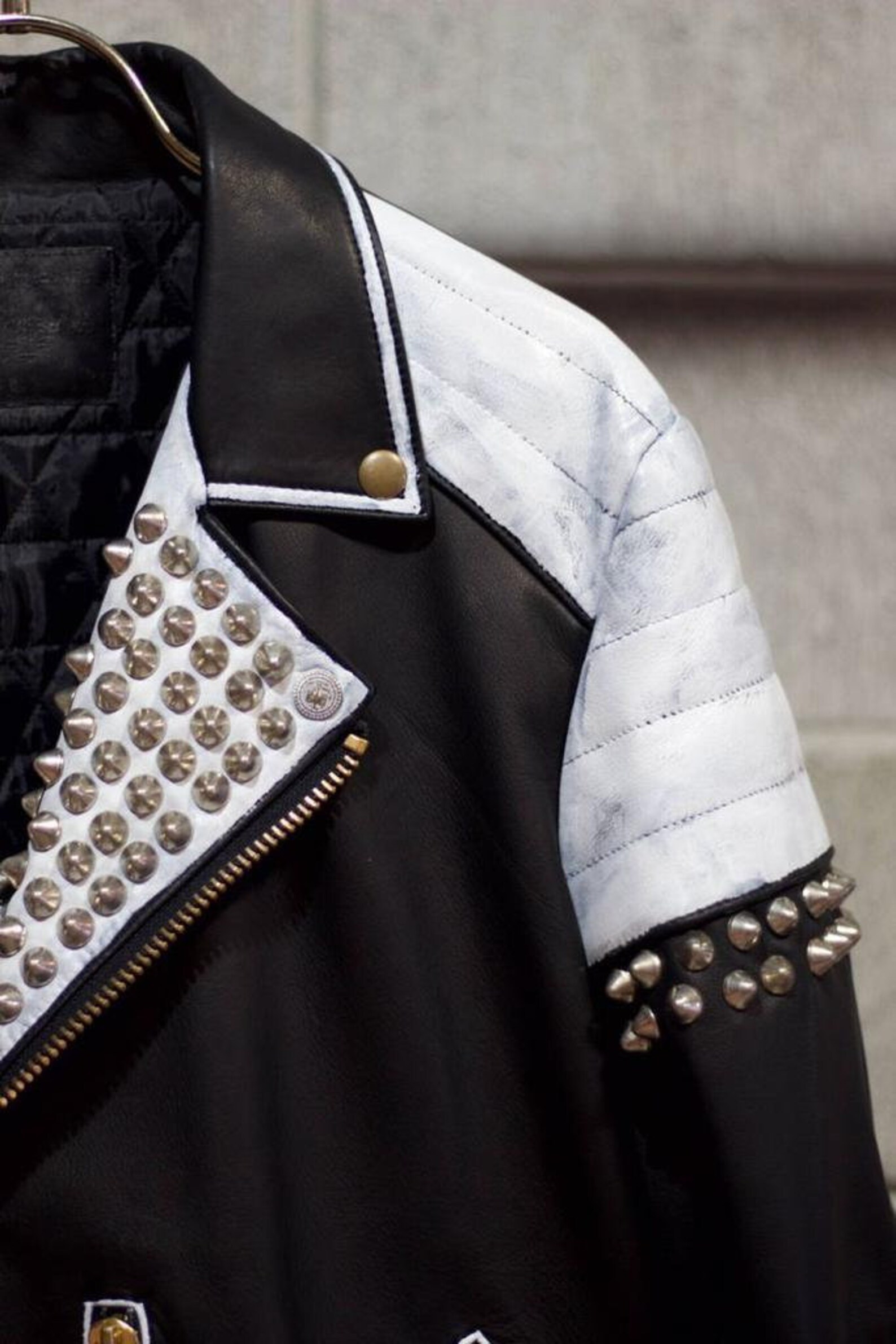 Men Black and White Leather Jacket With Studs Two Tone - Etsy