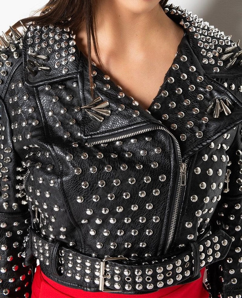 Women Black Leather Studded and Spiked Motorcycle Jacket - Etsy