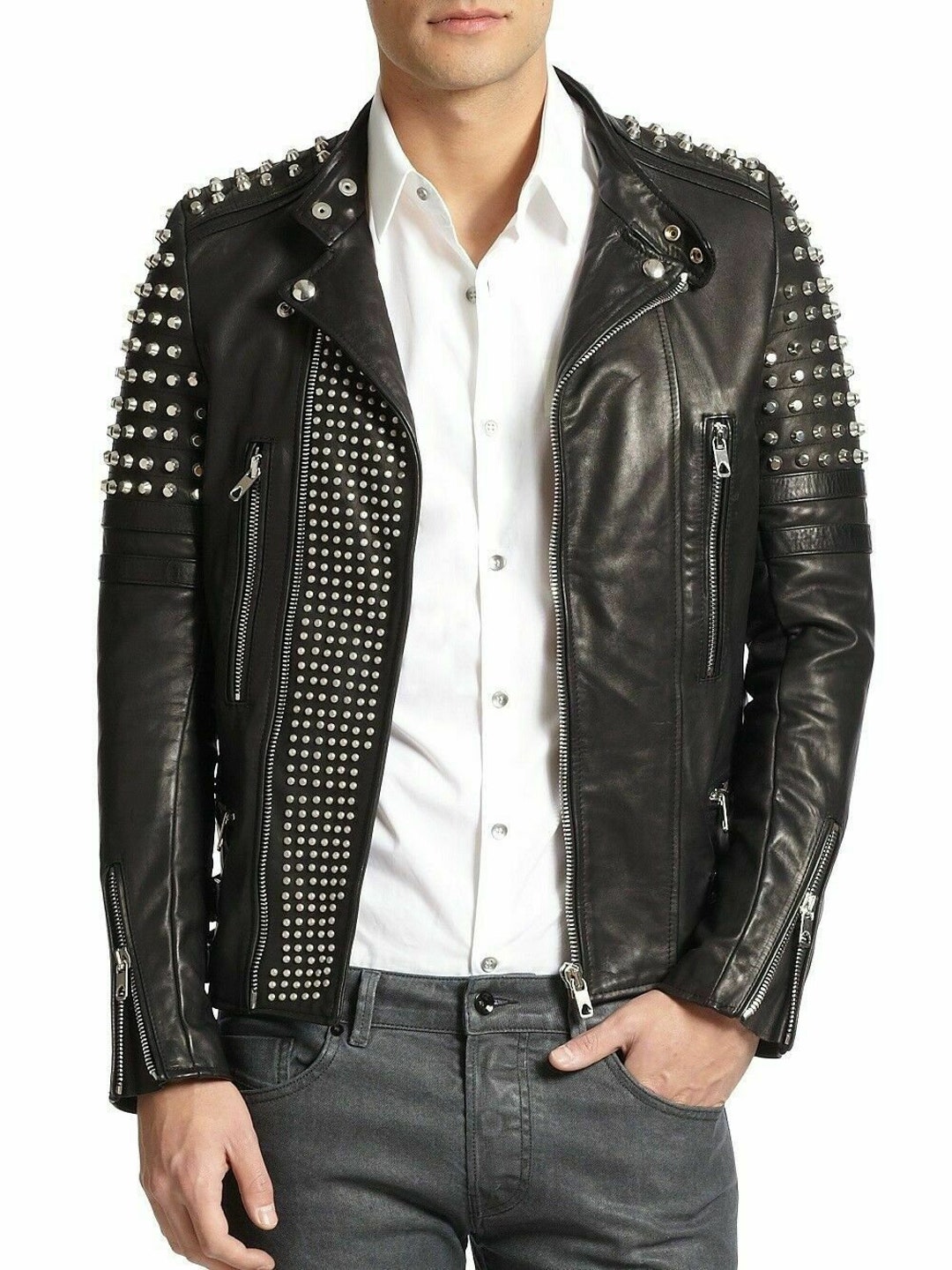 Handmade Men's Studded Leather Jacket Silver Studded Biker - Etsy