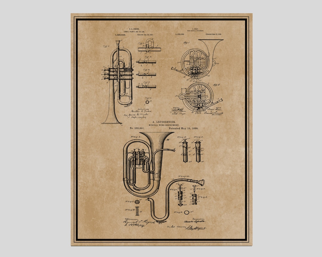Brass Instrument Patent Print: Orchestra Blueprint Art (digital ...