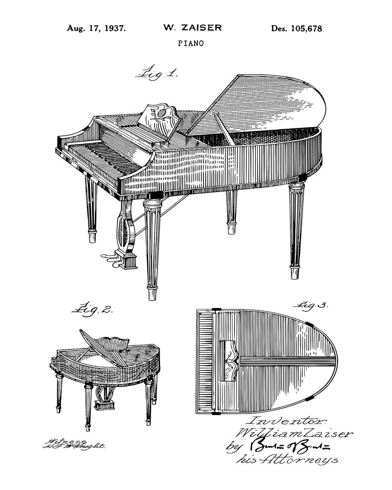 Piano Patent Art Prints: Set of 3, Music Blueprint (digital Download ...