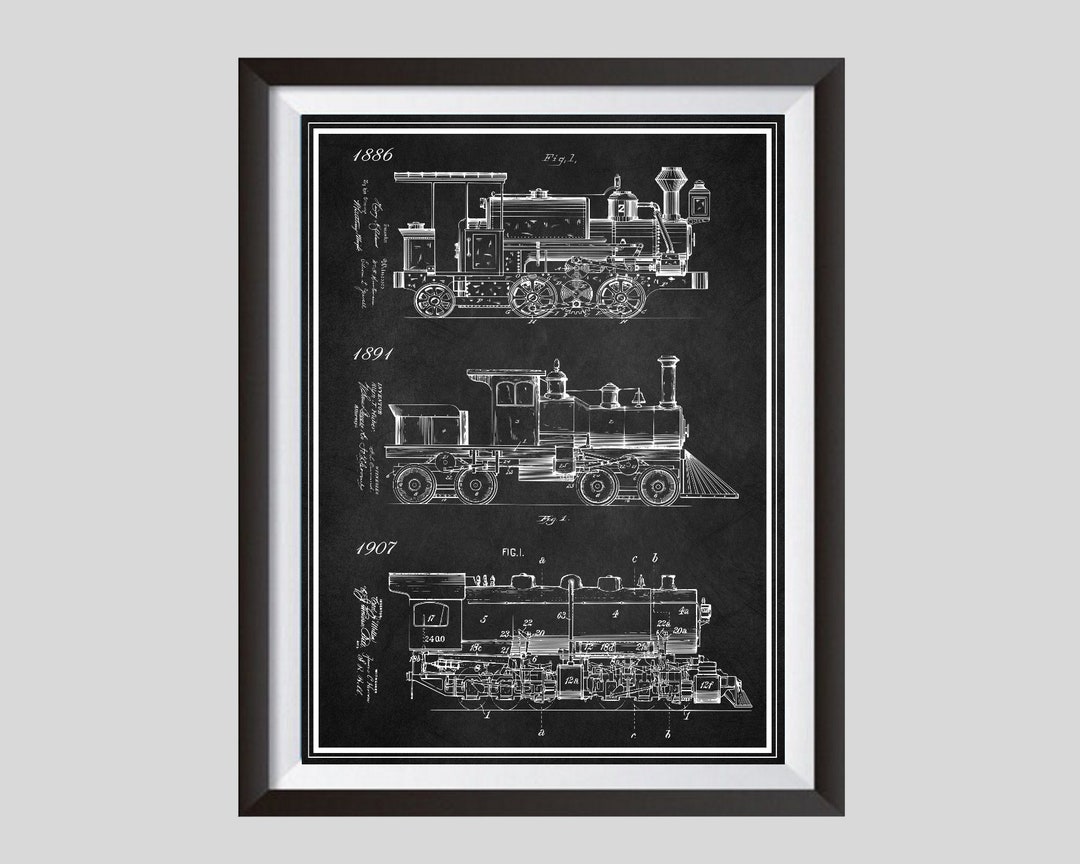 Locomotive, Train Art, Blueprint Poster, Kids Birthday Steam Engine ...