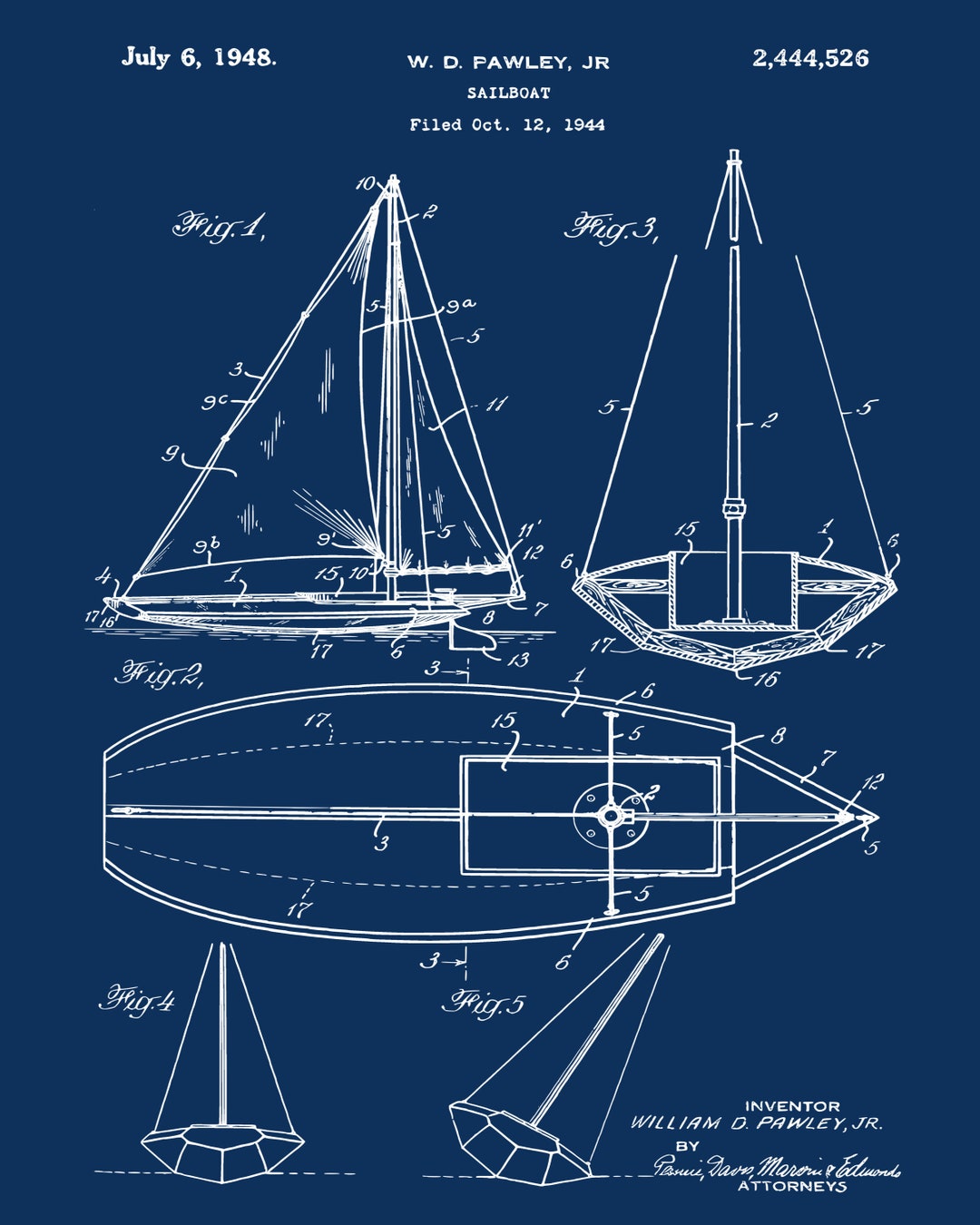 Sailboat Blueprint Art: 1948 Patent Print (downloadable) - Etsy