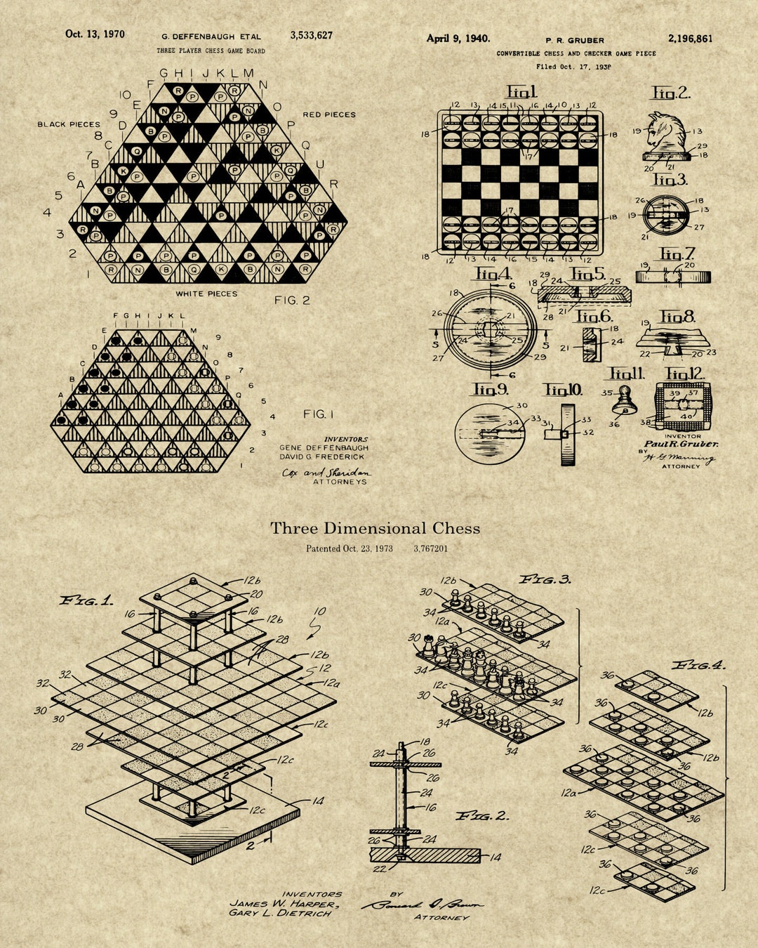 Chess Board, Blueprint Poster, Group of 3 US Patents Art, 3D Chess ...