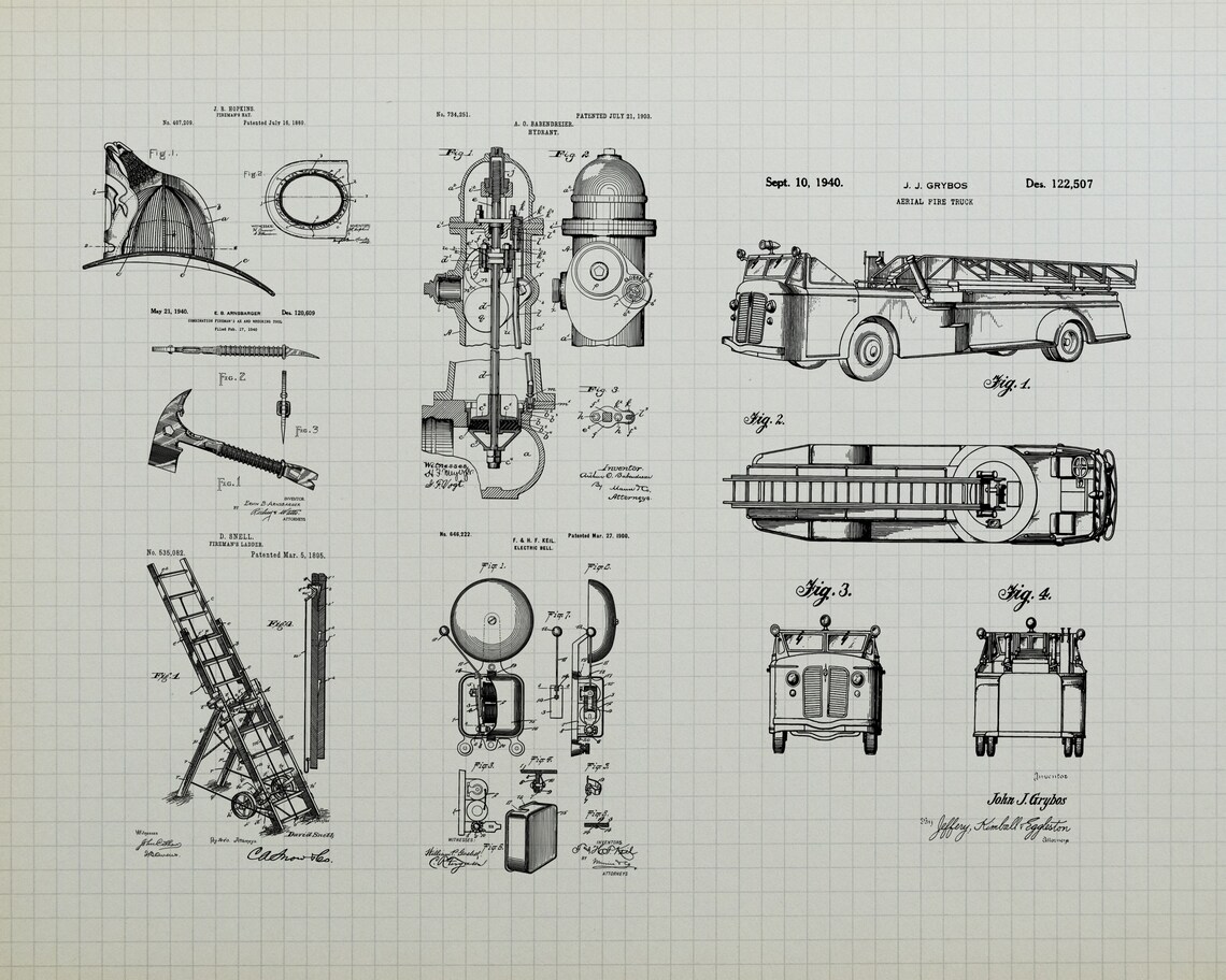 Firefighter Patent Art Print: Fire Engine, Helmet, Axe Blueprint ...