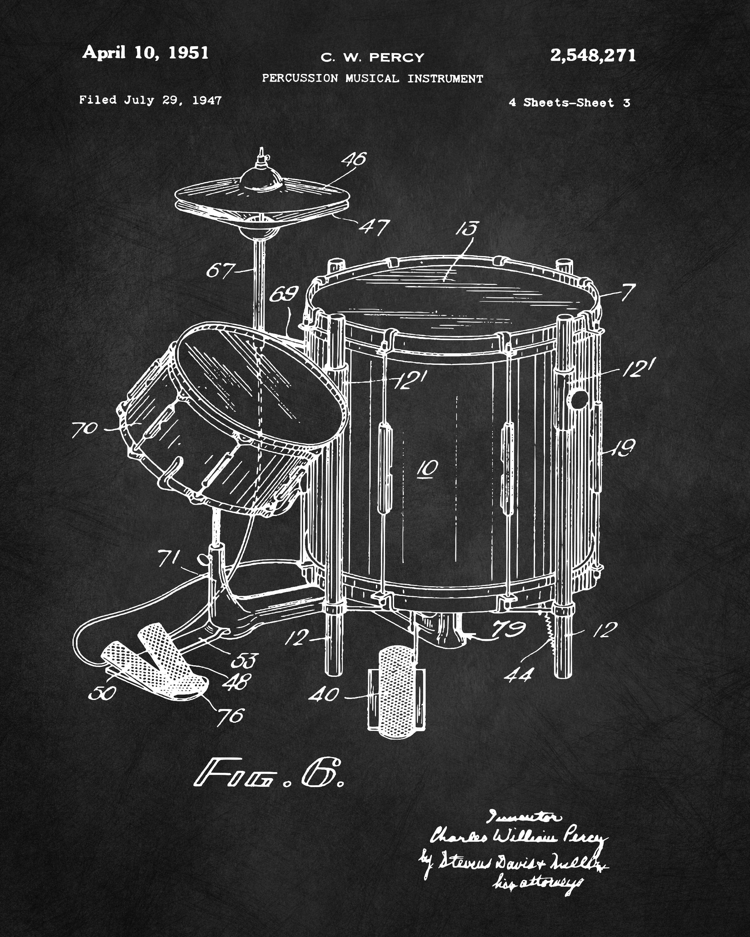 Drum Set Patent Art Prints (set of 3) - Blueprint Diagram (instant ...