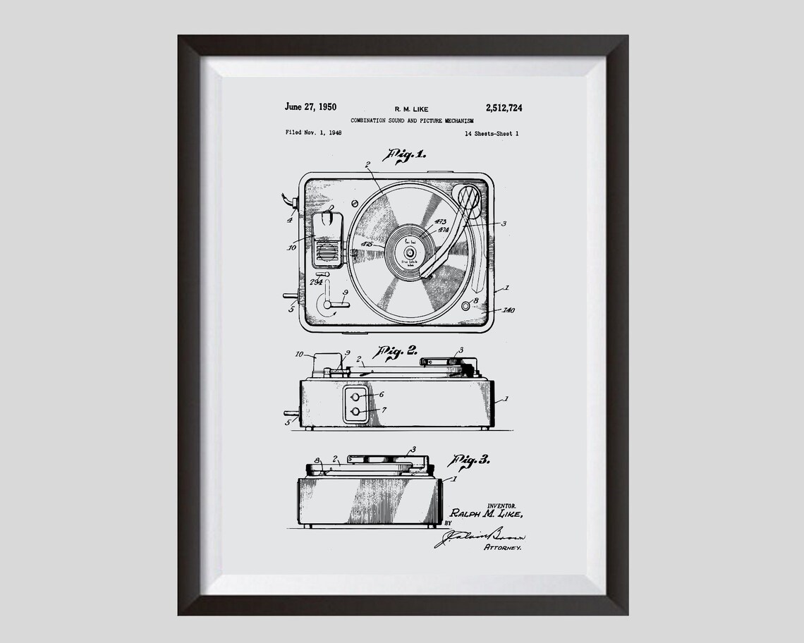 Record Player Patent Blueprint Art HI-FI Poster Musician | Etsy