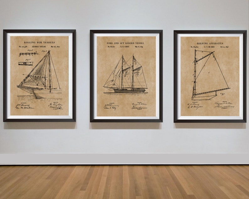 Vintage Sailboat Patent Art Prints: Nautical Blueprint Set (digital ...