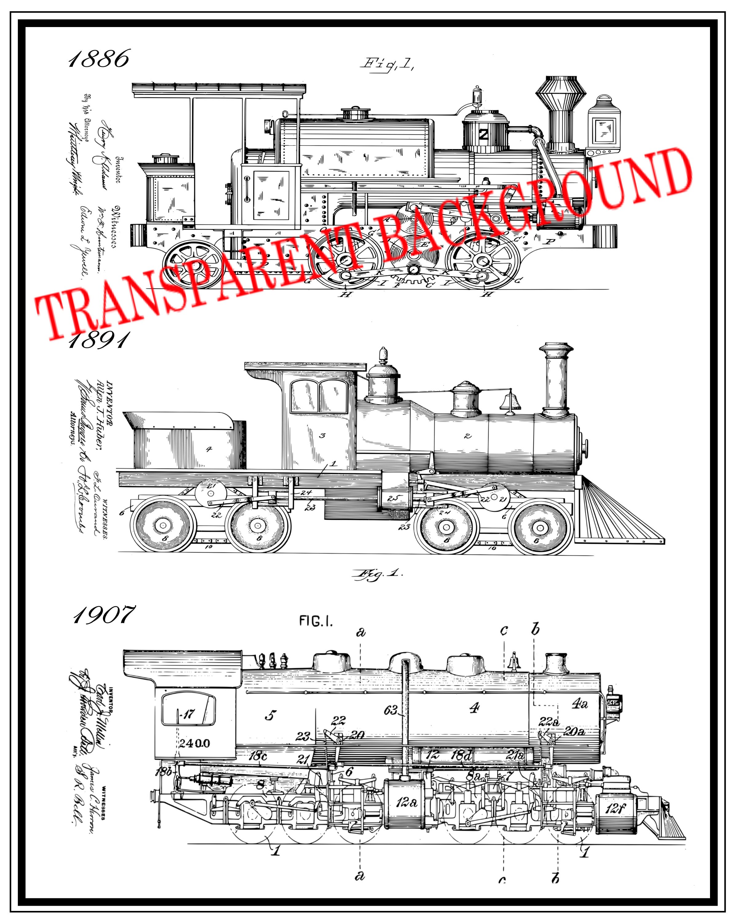 Vintage Steam Train Blueprint Art: Railroad Patent Prints (digital ...