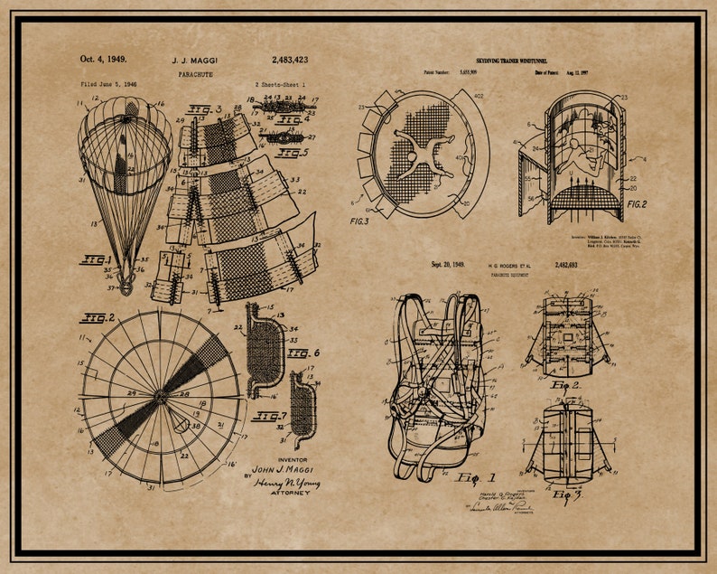 Skydiving Parachuting Group of Patents Blueprint Poster | Etsy