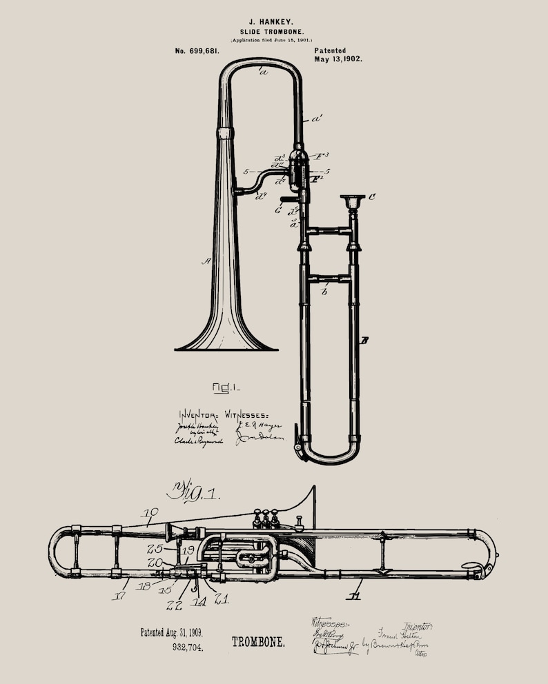Trombone Patent Print: Vintage Blueprint Art, Musician Gift ...