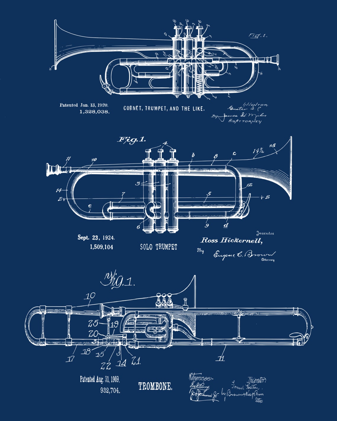 Jazz Trumpet Trombone Cornet Blueprint Art (downloadable Prints) - Etsy