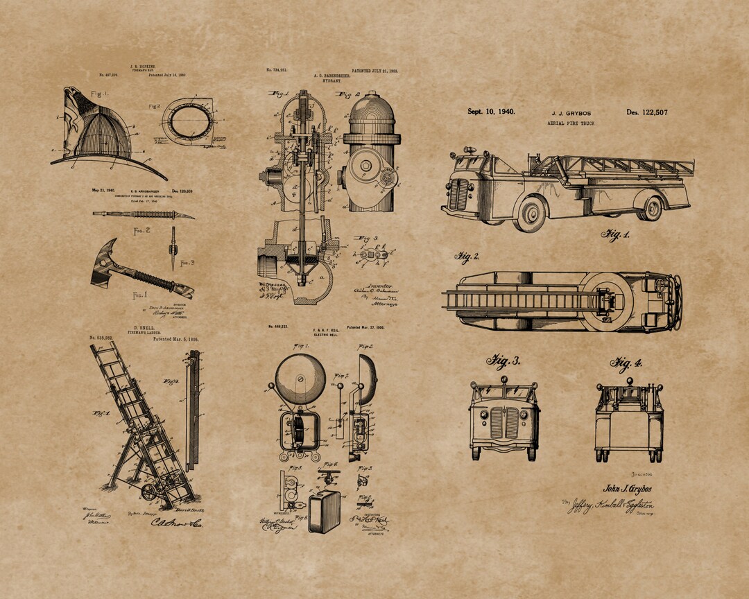 Fireman Gift Group of Patents, Blueprint Poster, Firefighter Gift ...