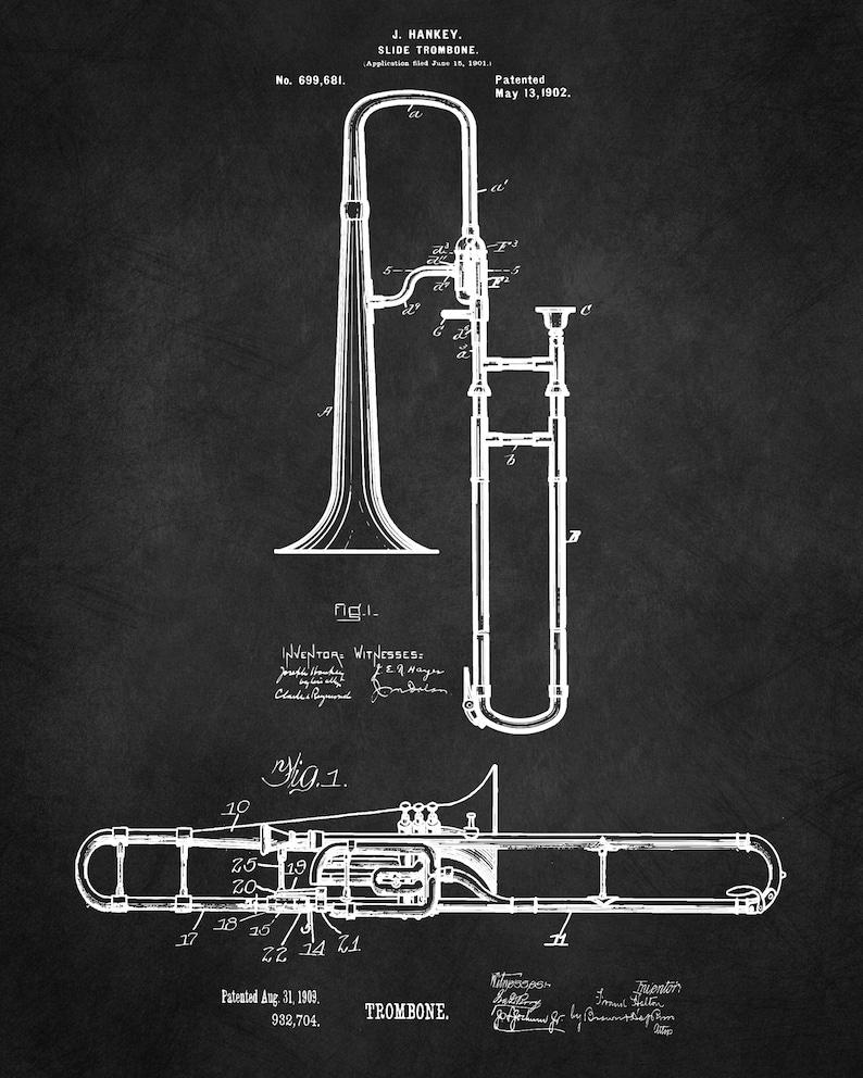 Trombone Patent Print: Vintage Blueprint Art, Musician Gift ...