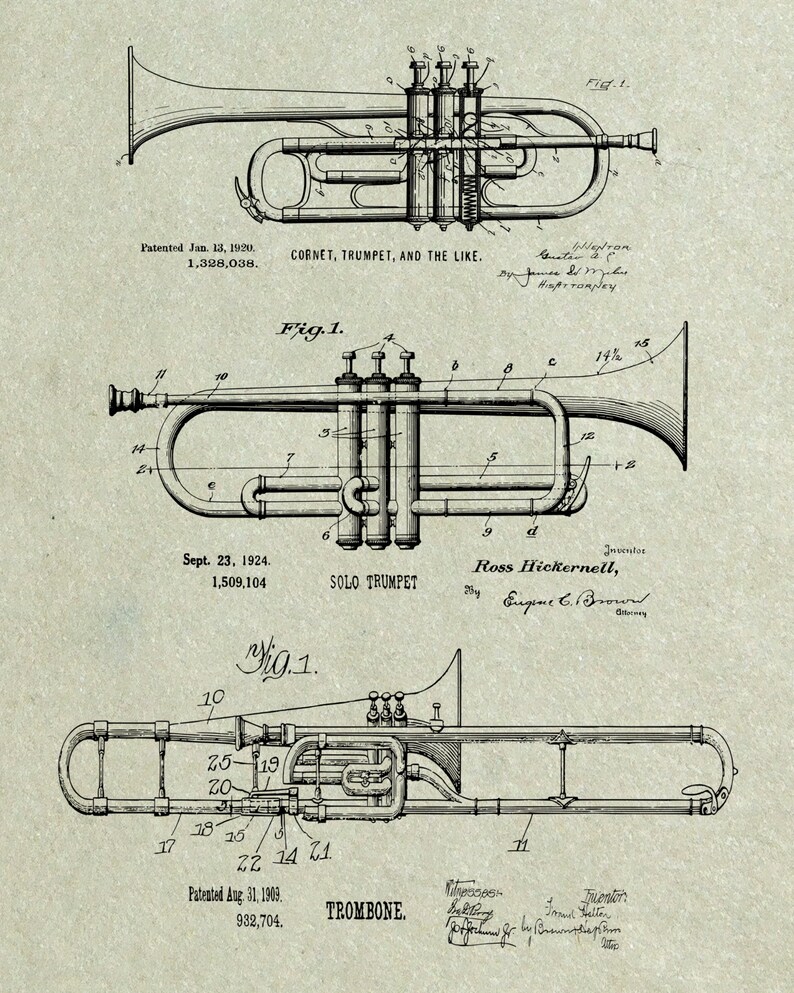 Jazz Trumpet Trombone Cornet Blueprint Art (downloadable Prints) - Etsy