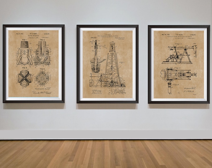 Oil Drilling Rig Group of 3 Patent Prints, Texas Oil, Wildcatter ...
