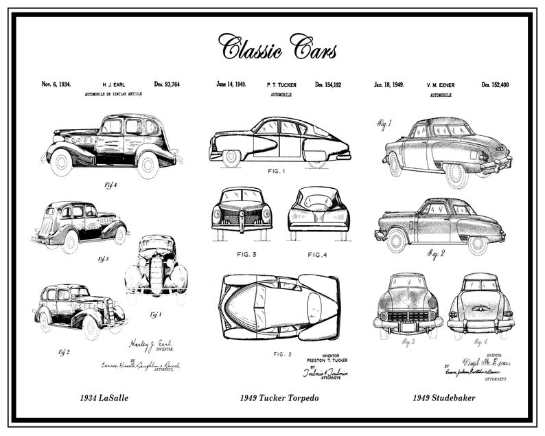 Classic Cars Patent Art Print: Lasalle, Tucker, Studebaker (digital ...