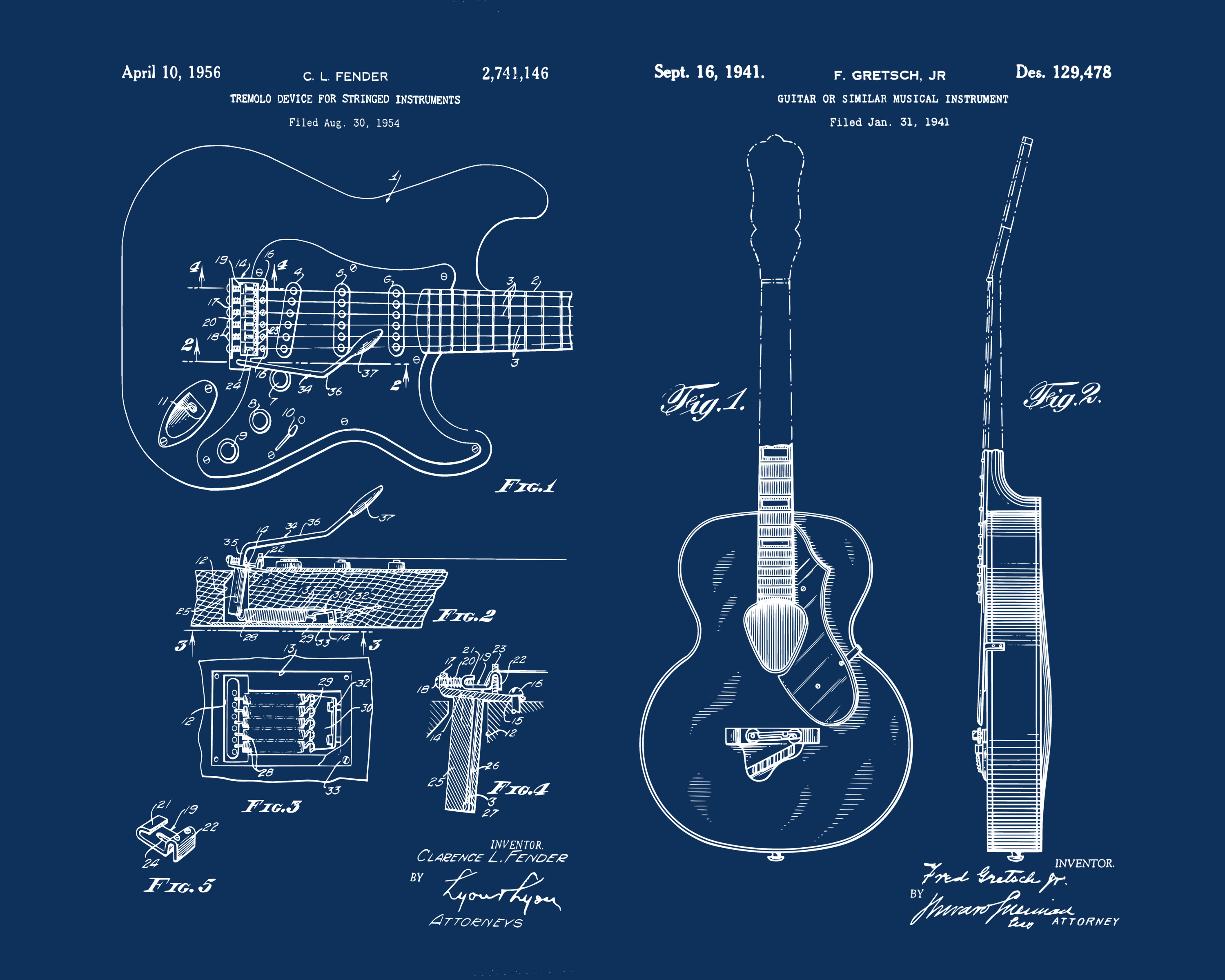 Fender Guitar Tremolo & Gretsch Acoustic Guitar Patent Print ...