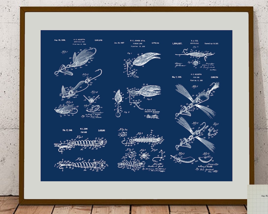 Fishing Lure Patent Prints, Lake House Art, Angling Blueprint Poster ...