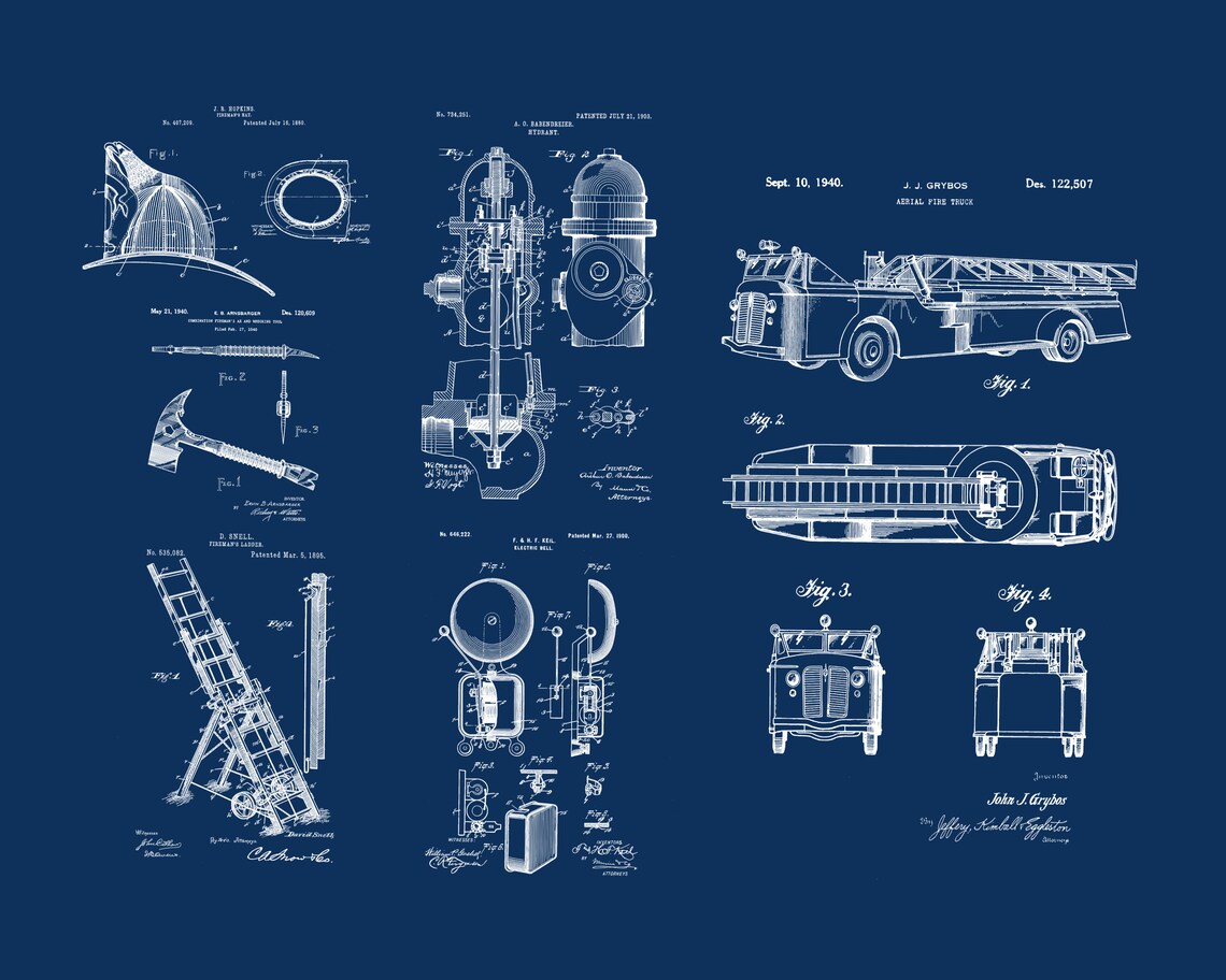 Firefighter Patent Art Print: Fire Engine, Helmet, Axe Blueprint ...