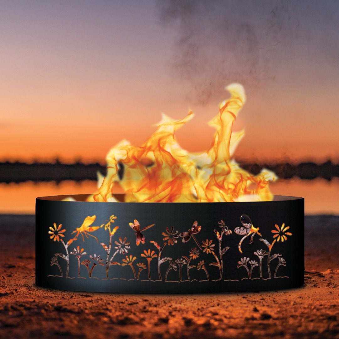 Dragonfly and Flowers Fire Pit Ring, 12" Tall, Heavy Duty, Gift for the ...