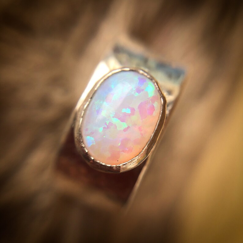 Sterling Silver Opal Hammered Band Ring Rock and Feather | Etsy