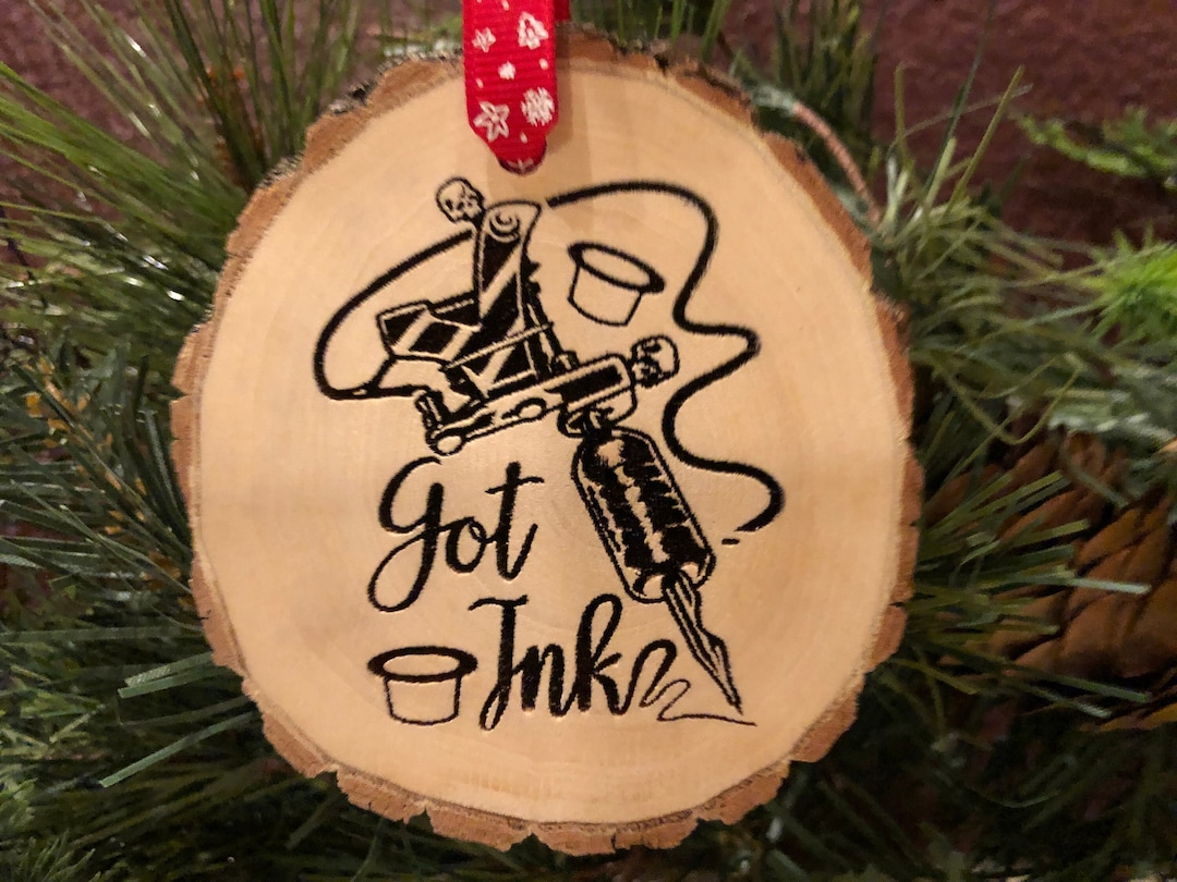 Got Ink Tattoo Themed Wooden Christmas Ornament, Tat, Peace Symbol, Airbrush, Wood Slice, Laser ...
