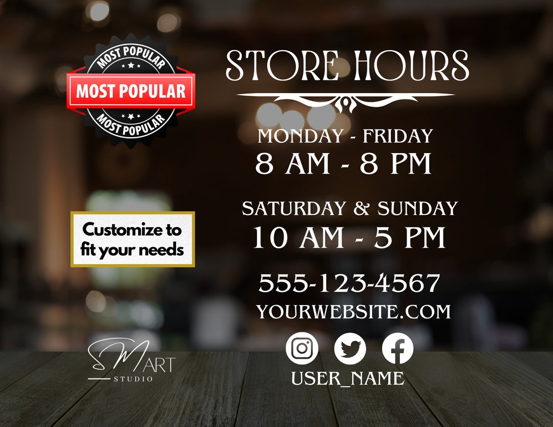 Custom Store Hours Decal Business Hours Vinyl Storefront Sign Hours of ...